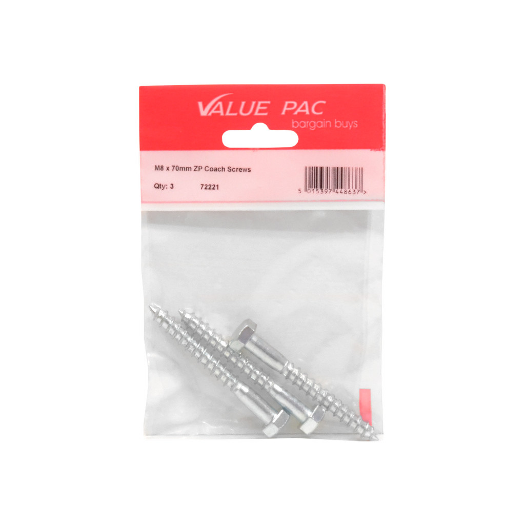 Centurion - M8 x 70mm ZP Coach Screws 2Pk