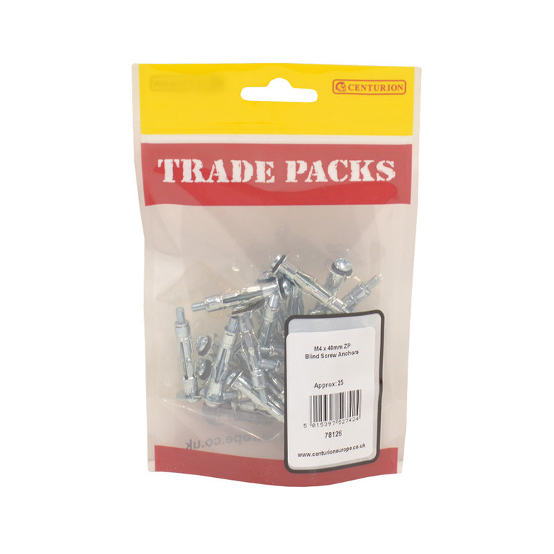 Centurion - Blind Screw Anchors - ZP - M4 x 40mm (25 PK), 78126