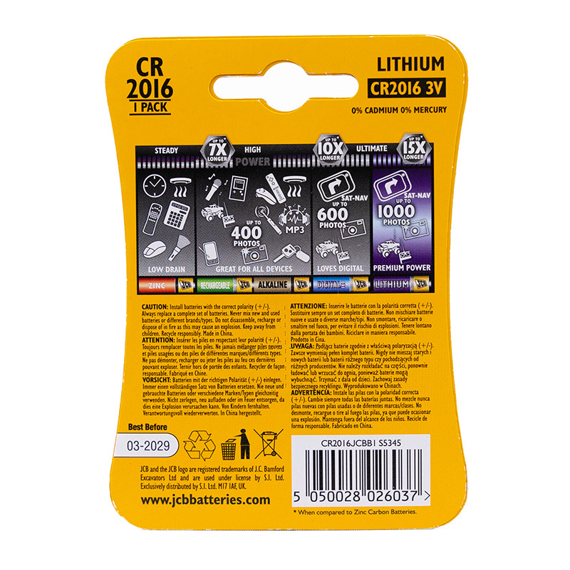 Centurion - JCB Coin Cell Battery CR2016, Single