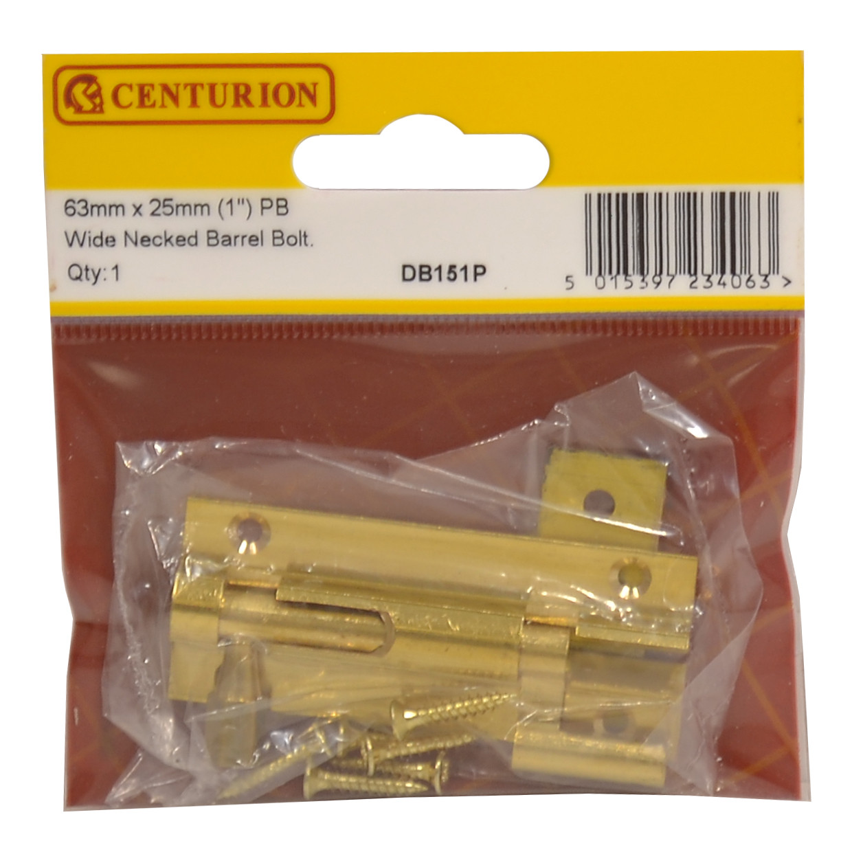 Centurion - Necked Barrel Bolts, Polished Brass, 25mm x 63mm DB151P