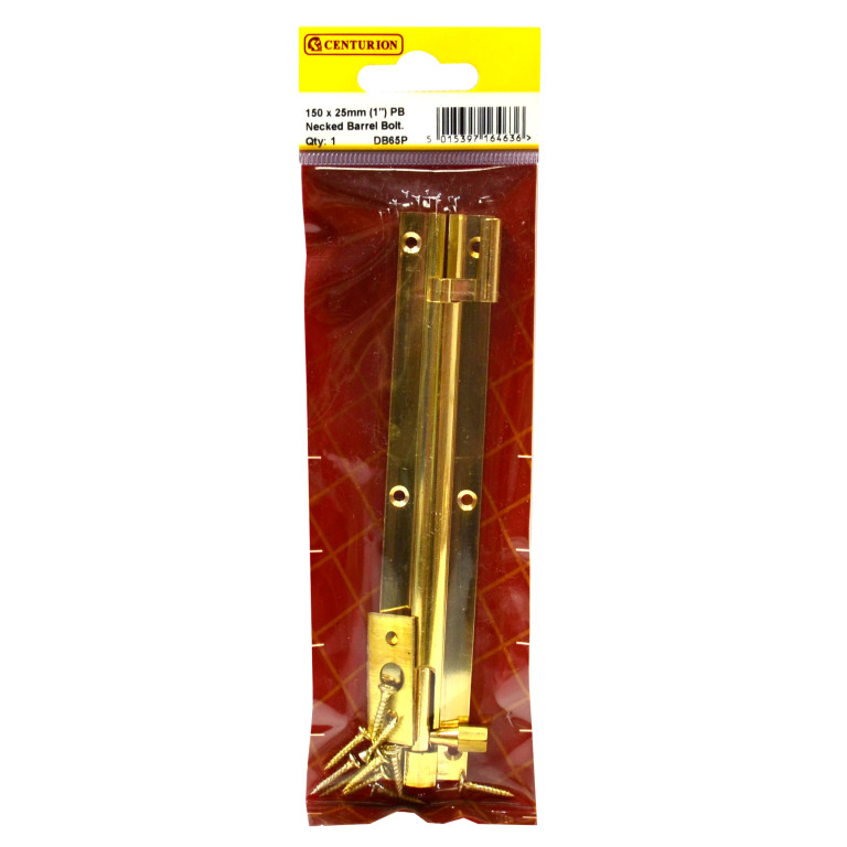 Centurion - Necked Barrel Bolts, Polished Brass, 25mm x 150mm