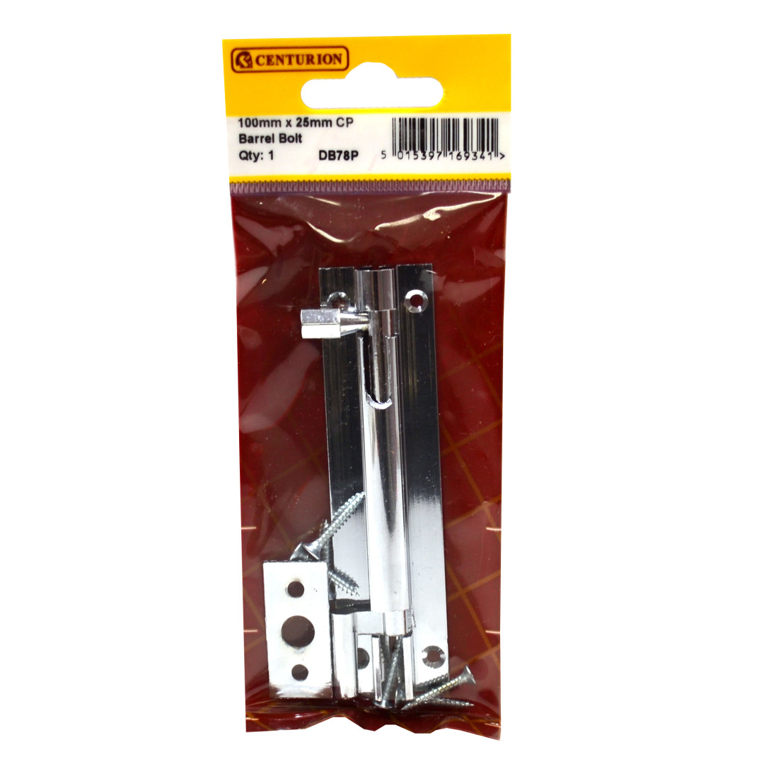 Centurion - Necked Solid Brass Barrel Bolts, Polished Chrome, 25mm x 100mm