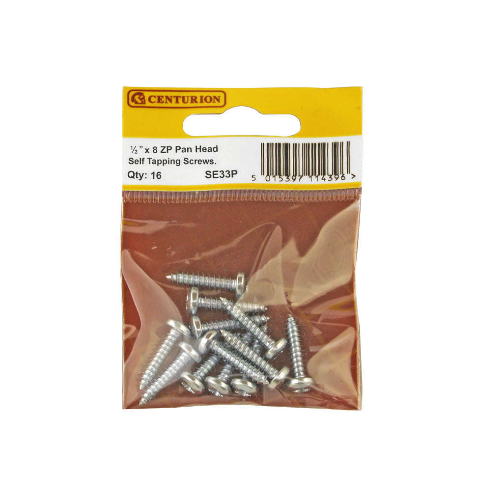 Centurion - 1/2" x 8 ZP Pan Head Self Tapping Screws (Pack of 16), SE33P