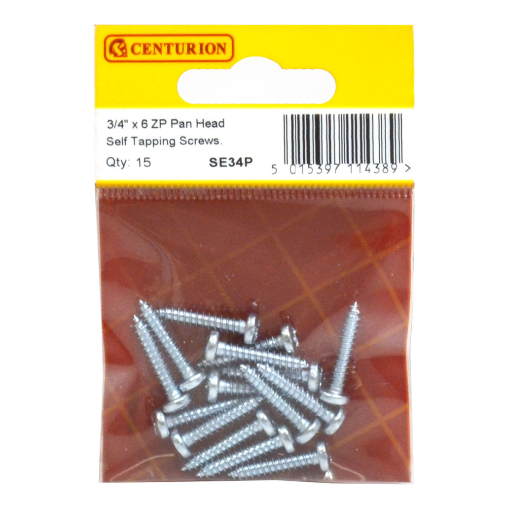 Centurion - 3/4" x 6 ZP Pan Head Self Tapping Screws (Pack of 15), SE34P