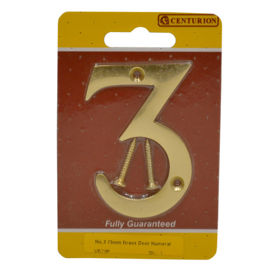 Centurion - No.3 Solid Brass Door Numbers and Letters, 75mm